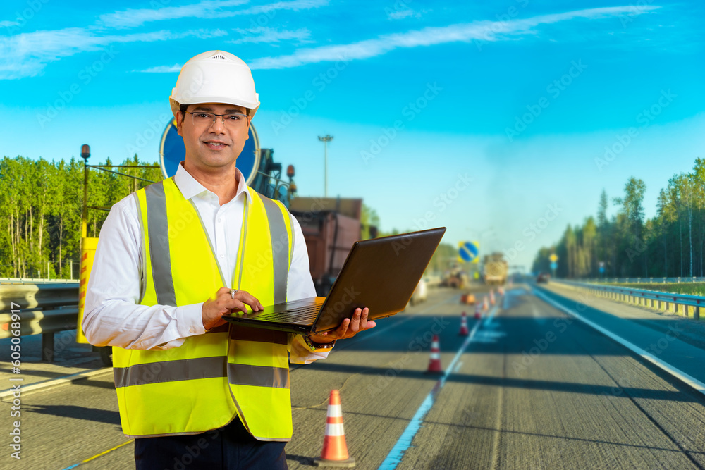 Man road worker. Highway construction. Guy in work uniform. Road ...