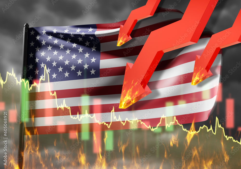 USA flag is on fire. Falling graph of American economy. Recession of ...
