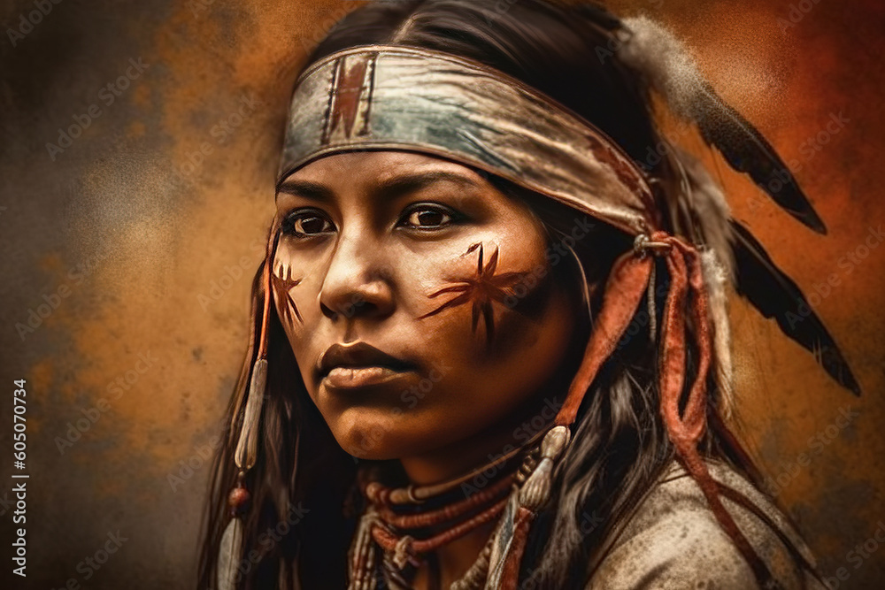 Beautiful art of native american indian woman poster. Fictitious person ...