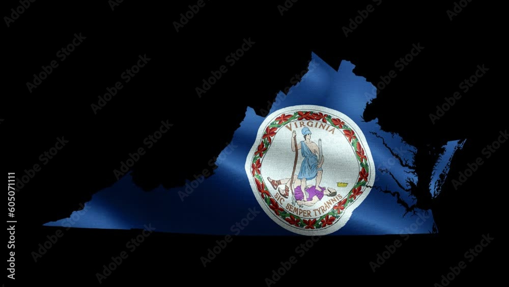 4K waving detailed textured flag of Virginia animation on the map. Loop ...