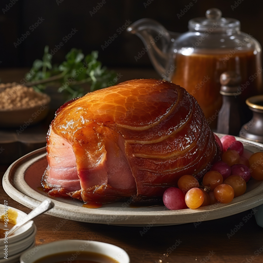 Metal plate with traditional honey baked ham on table. Honey-Glazed Ham ...