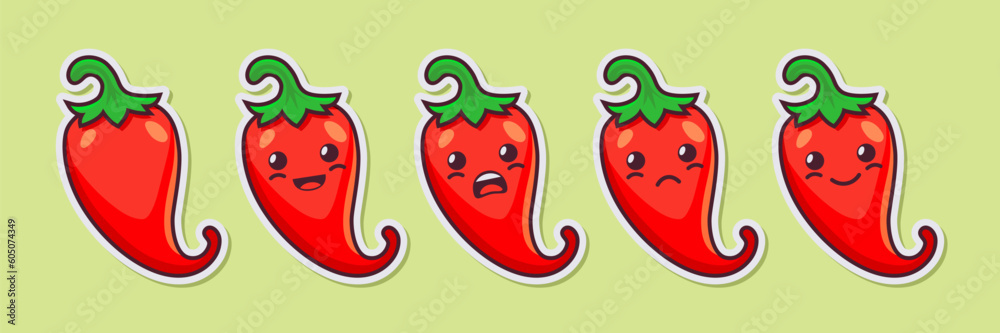 Vector Cartoon Cute and Funny Red Hot Chili Pepper Icon Set. Kawaii ...