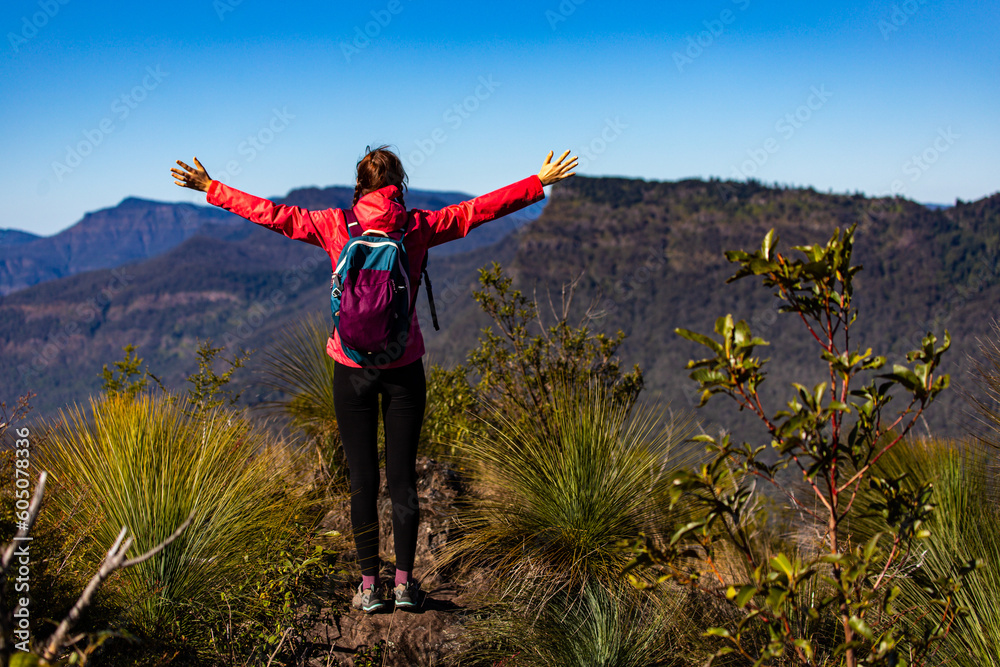 A backpacker girl enjoys the view from the top of Mount Mitchell after ...