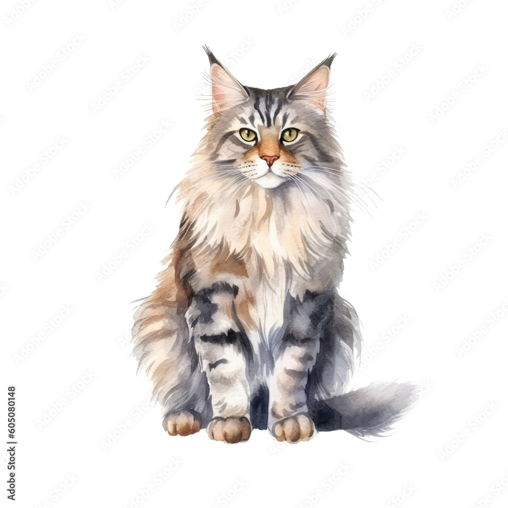 Watercolor painting of Maine Coon Cat isolated transparent background, Digital art, PNG image ...