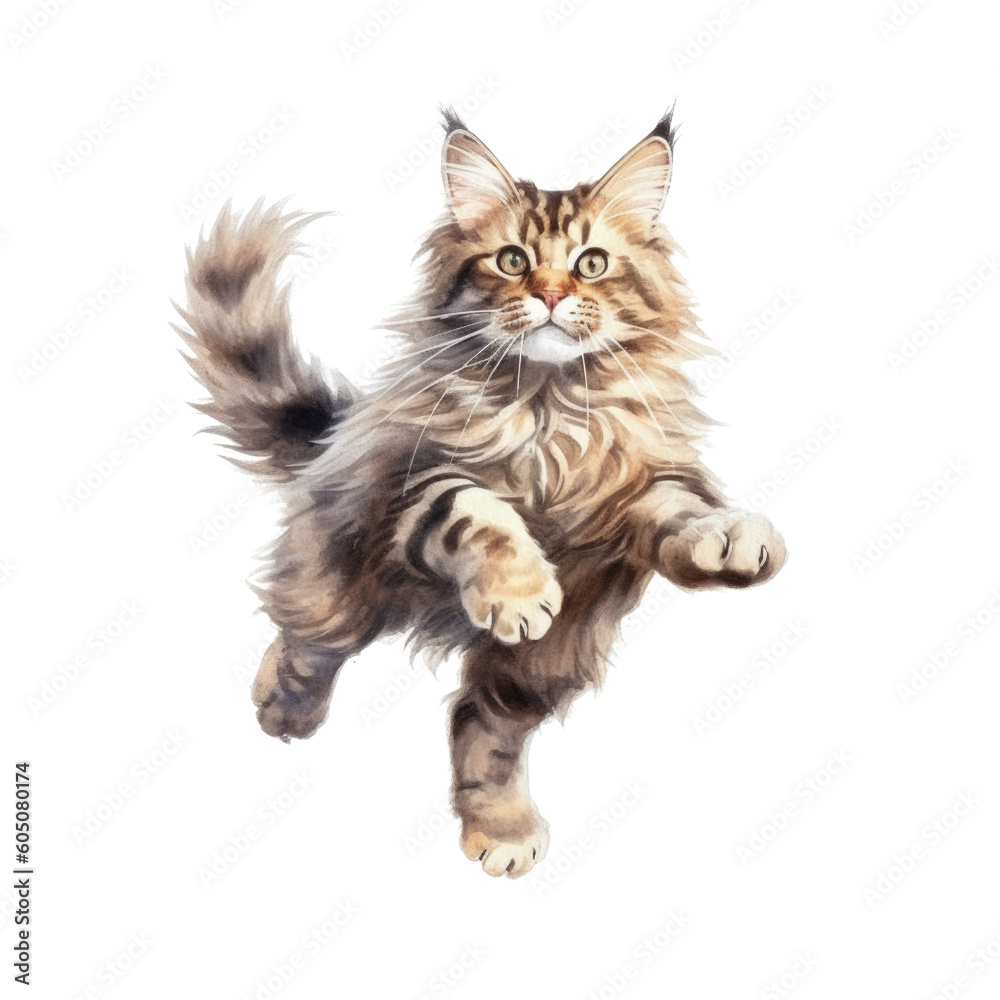 Watercolor painting of Maine Coon Cat isolated transparent background, Digital art, PNG image ...