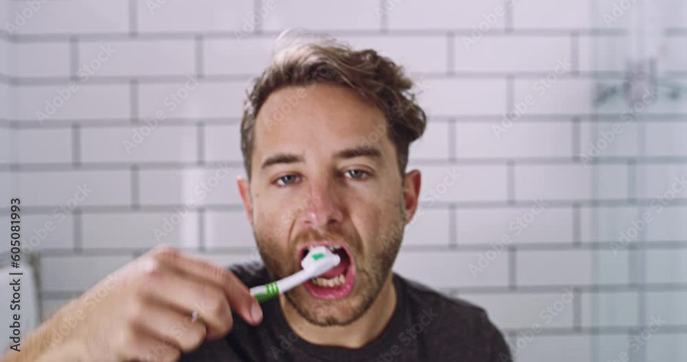 Mirror, cleaning and man brushing teeth, bathroom and morning routine ...