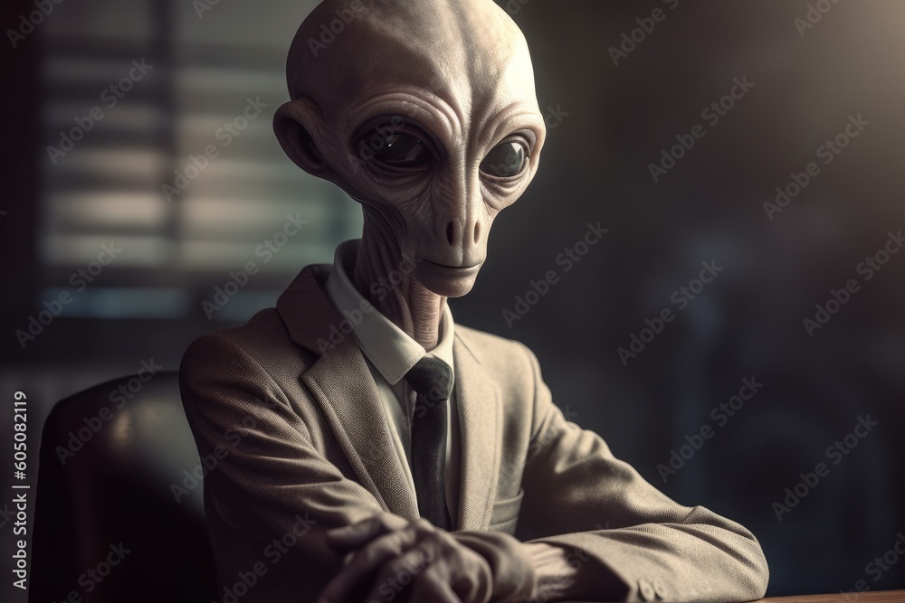 The alien works in the office. Background with selective focus. AI ...