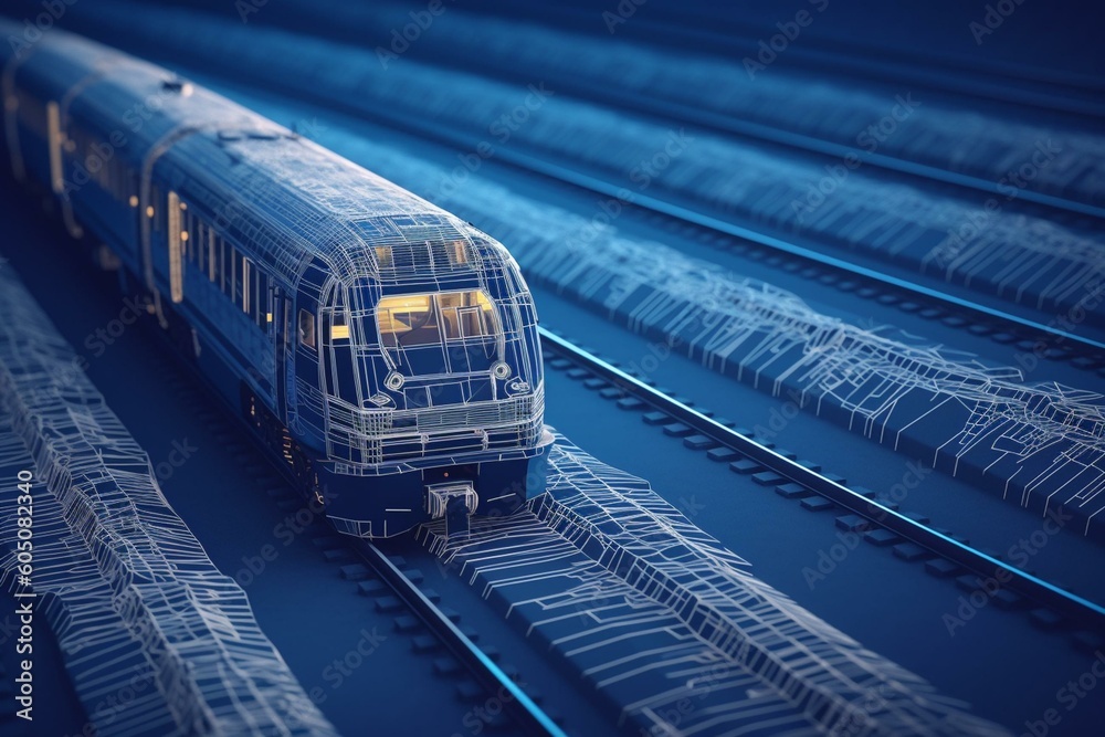 A train moves on two-way railway tracks amidst blue background. Low ...
