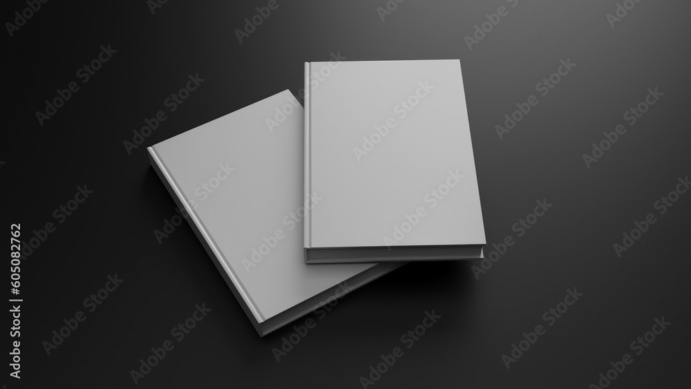 Hardcover book template, two blank gray books on black background for ...