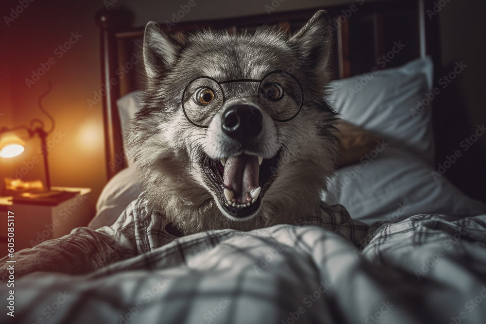 Wolf in Grandma's bed, with big teeth surprise, Generative AI Stock ...