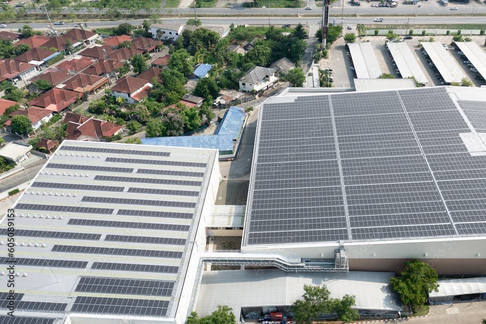 Eco building, shopping center in aerial view. Solar cell or ...