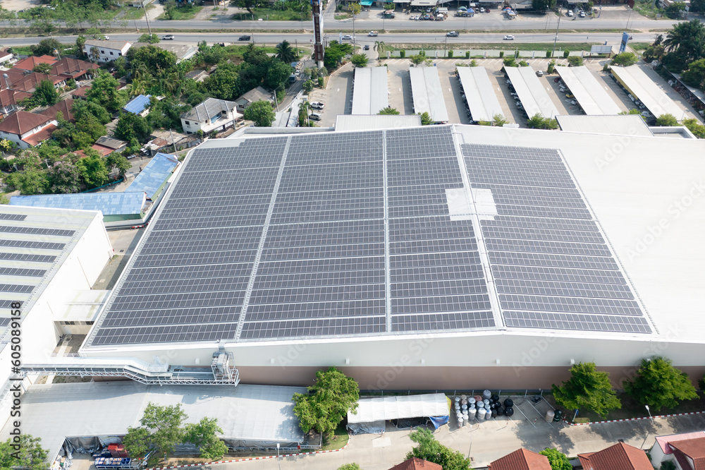 Eco building, shopping center in aerial view. Solar cell or ...