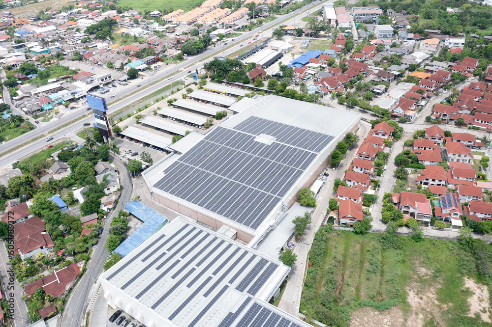 Eco building, shopping center in aerial view. Solar cell or ...