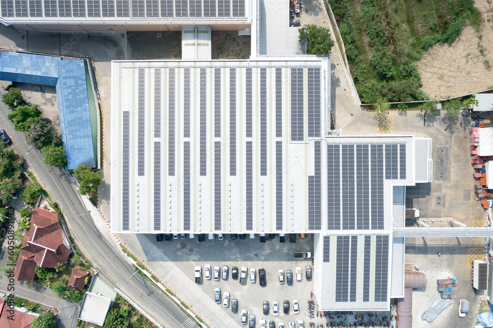 Eco building, shopping center in aerial view. Solar cell or ...