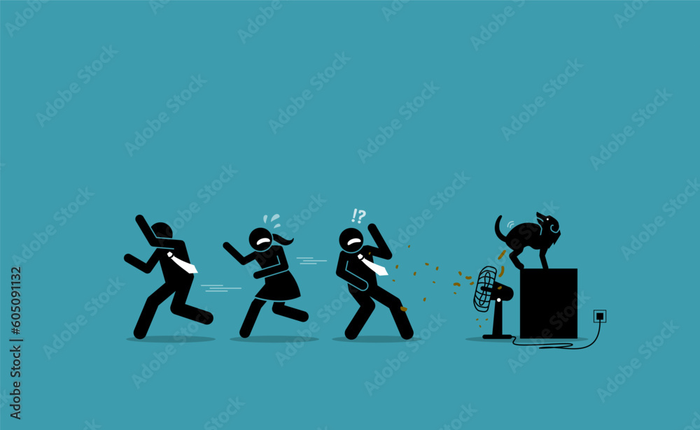 Shit hit the fan. Vector illustrations clip art depicts concept of company business havoc, issue ...