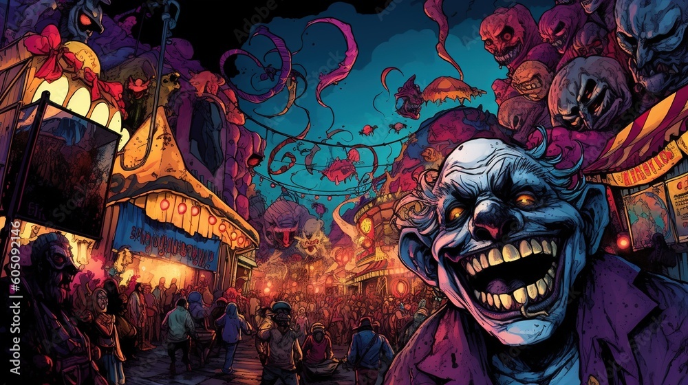 A horror scene set in a creepy carnival with clowns and a funhouse of ...