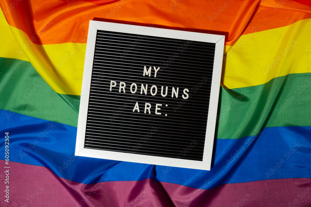 Poster MY PRONOUNS ARE text Neo pronouns concept on Rainbow flag ...