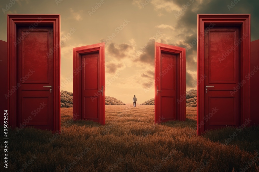 In a surreal realm, a multitude of doors materialize, presenting ...