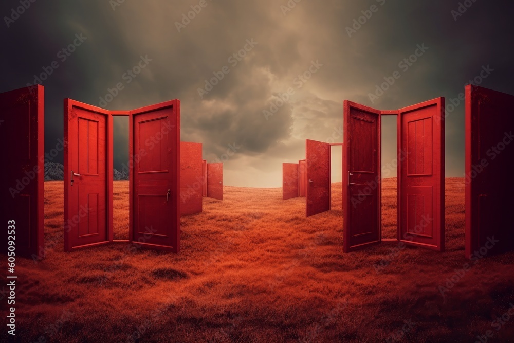 In a surreal realm, a multitude of doors materialize, presenting ...
