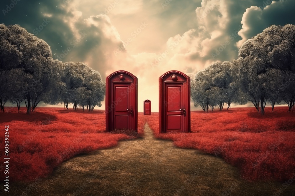 In a surreal realm, a multitude of doors materialize, presenting ...