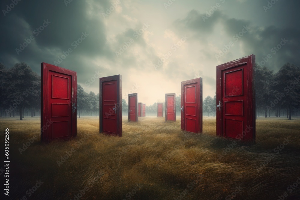 In a surreal realm, a multitude of doors materialize, presenting ...