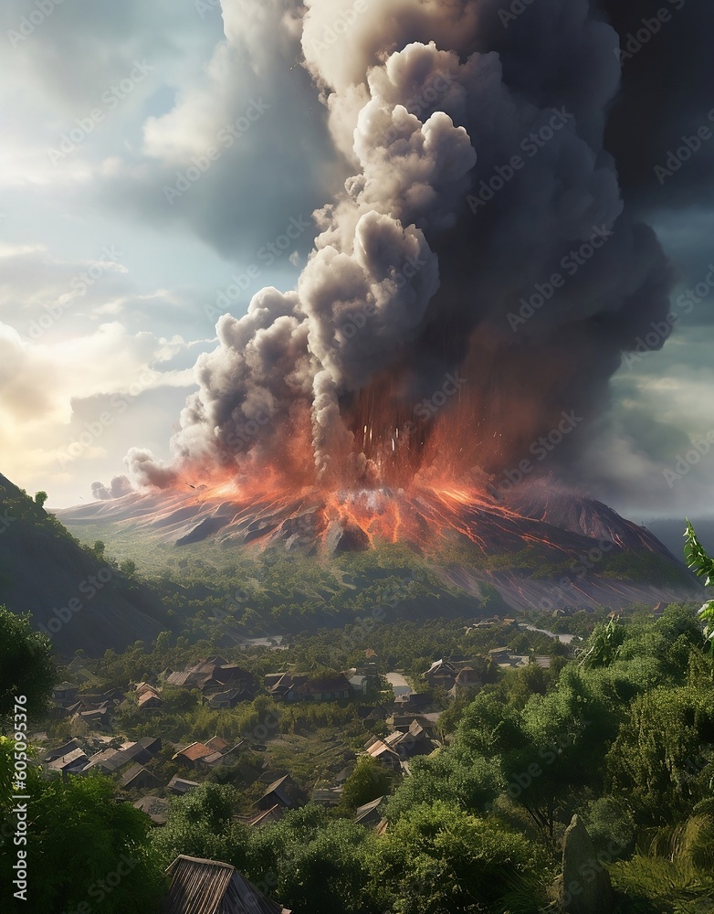 Volcanic eruption next to small village in green valley. Smoke and fire ...