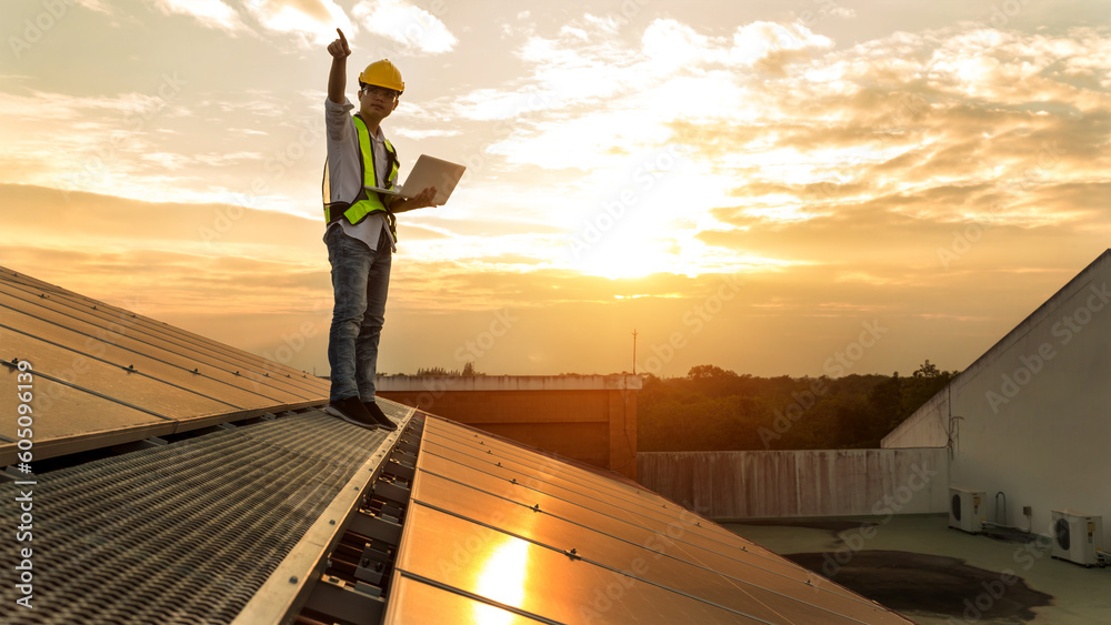 Engineer working setup Solar panel at the roof top. Engineer or worker ...