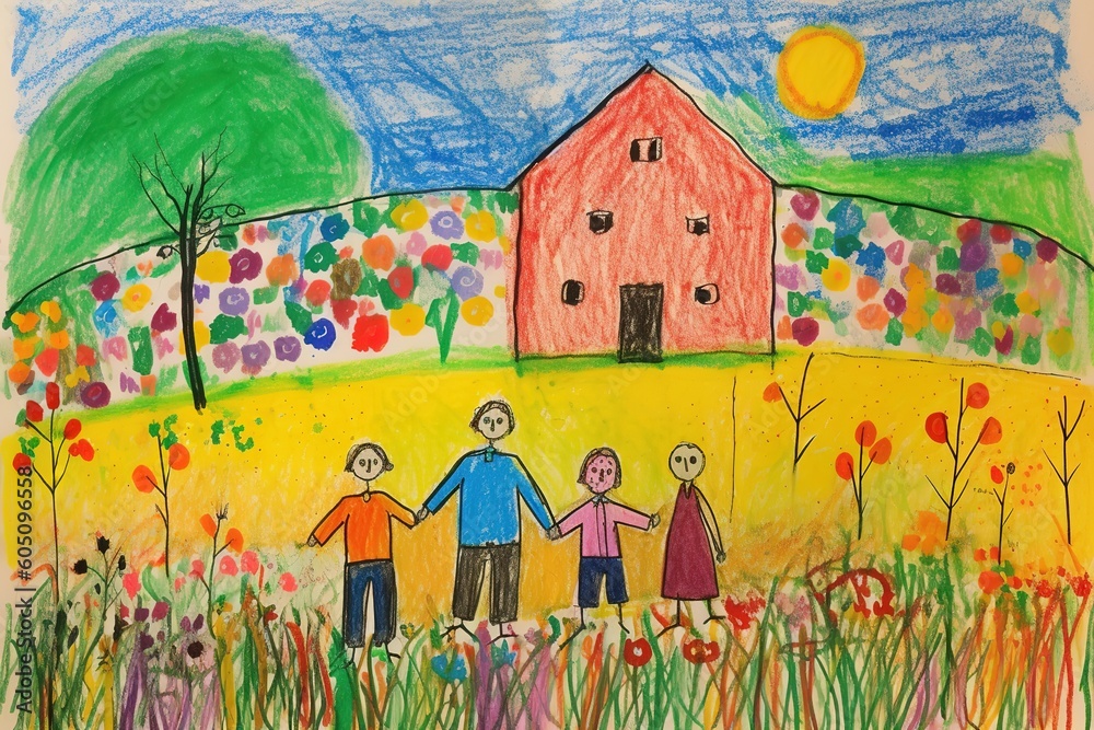 A crayon drawing of a family by children Background. Child's drawing ...
