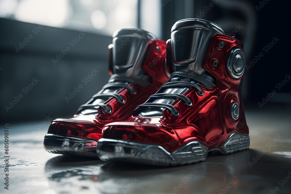 prototype of future red silver sneakers in robotic, mechanical ...