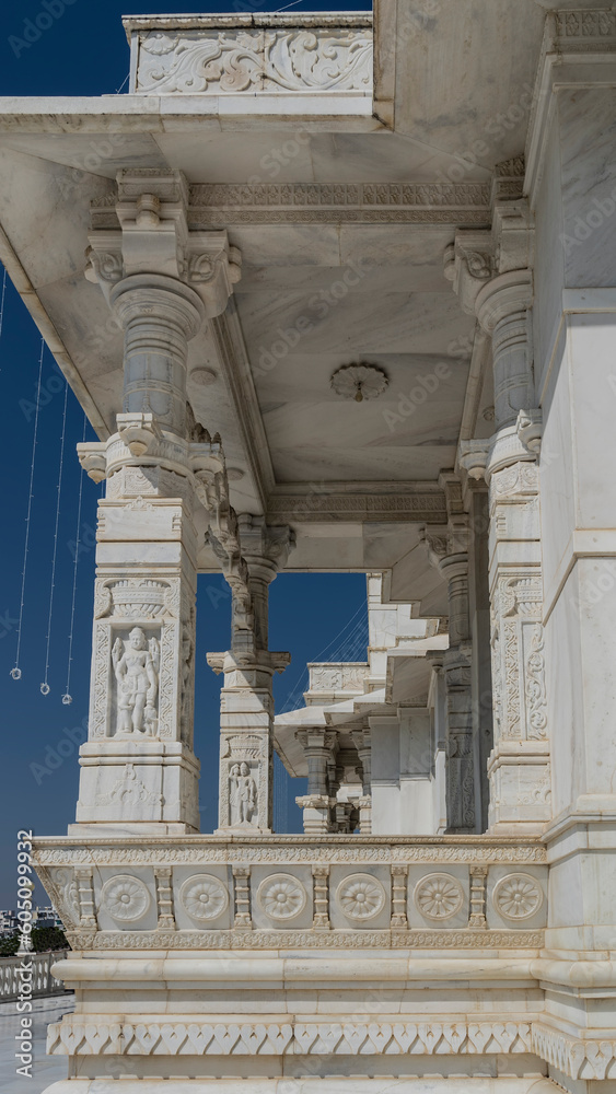 Ancient white marble Lakshmi Narayan Temple (Birla Mandir). Columns ...