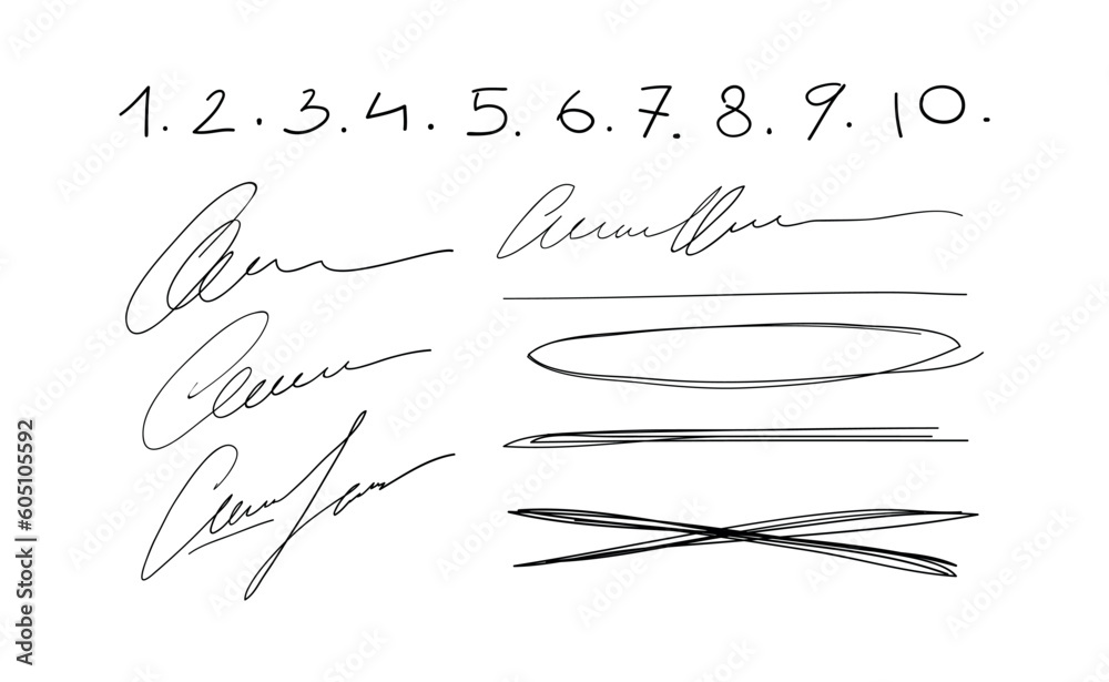 A set of handwritten scribbles and numbers, signature, strikethrough ...