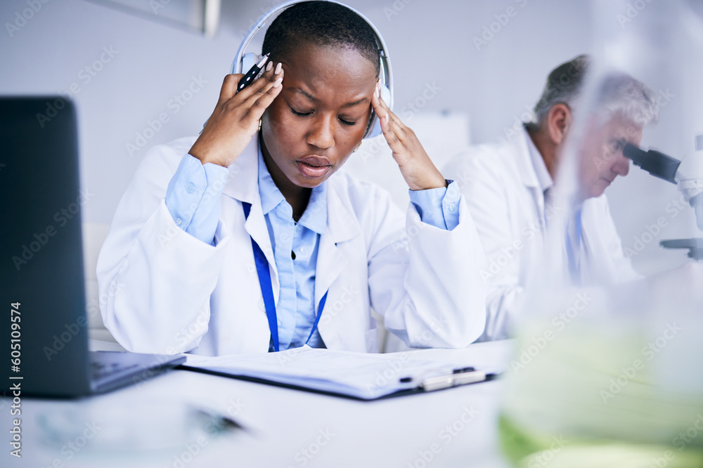 Science, tired and black woman with a headache, research and health ...