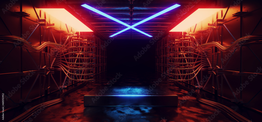 Sci Fi Futuristic Alien Spaceship Podium Room Stage Glowing Blue Orange ...