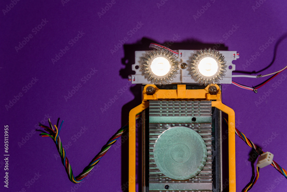 Hand made robot flat lay on the arduino platform. DIY. AI. STEAM.purple ...