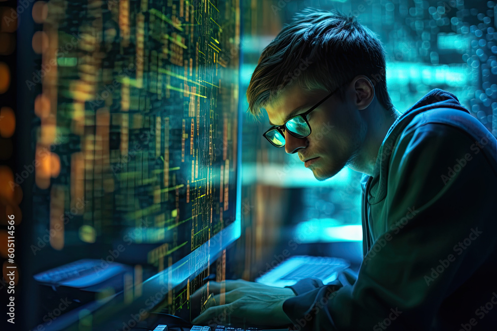 Web developer writing code, using AI technology, late night coding, hacking the system, building ...