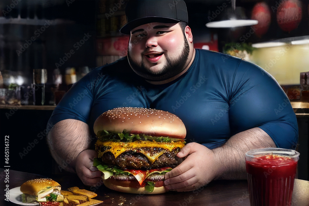 Fat man with a big belly eating hamburger in a fast food restaurant ...