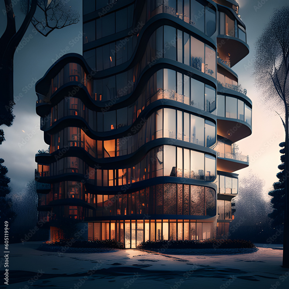 Modern Residential Apartment Architecture Concept Art Night View ...