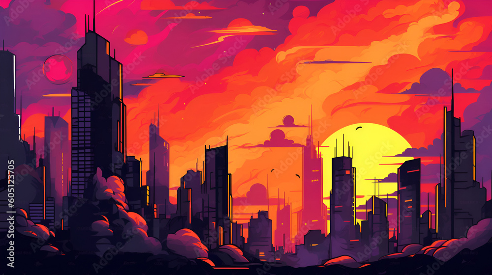 Colorful comic scene background with city silhouette Generative AI ...