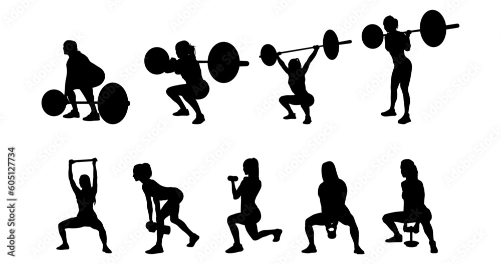Vector set Silhouette of women squat exercises workout. Women squat ...