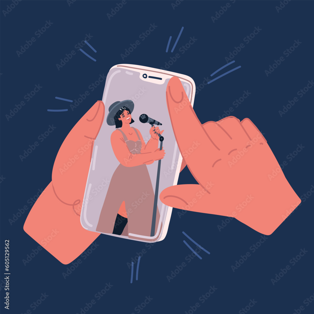 Cartoon vector illustration of Singing girl in smartphone,young woman ...