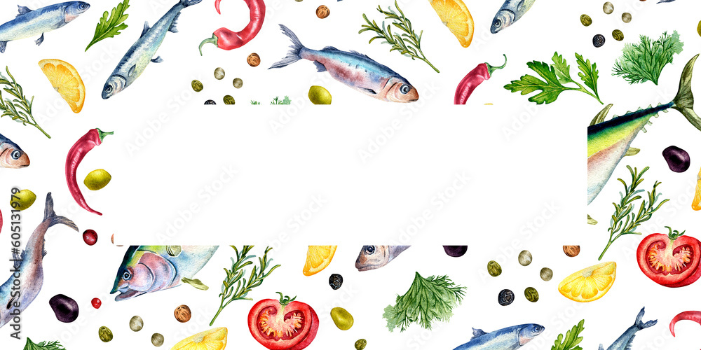Frame of fresh fish and spices watercolor illustration isolated on ...