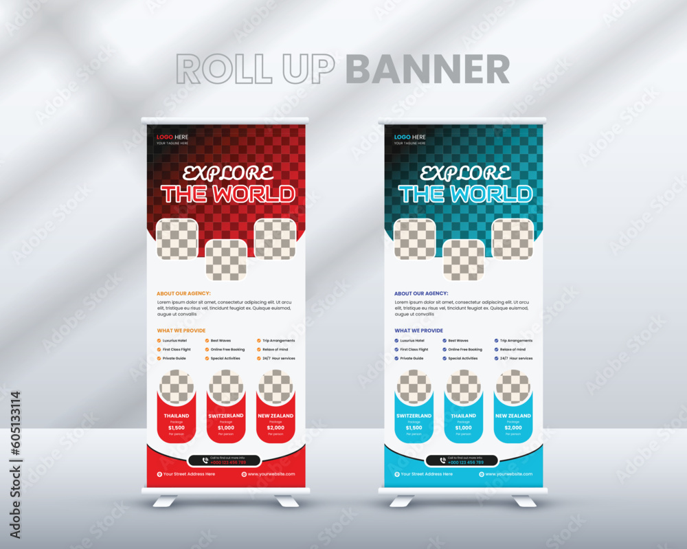 New travel agency roll up banner design template. Professional creative modern roll up banner ...