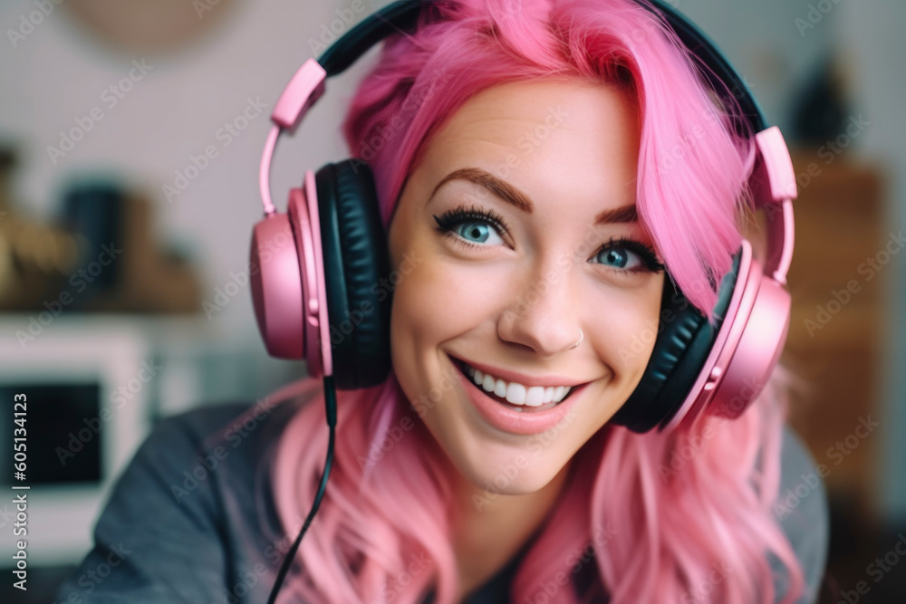 Influencer with earphones engaging vloggers with pink capturing life's ...