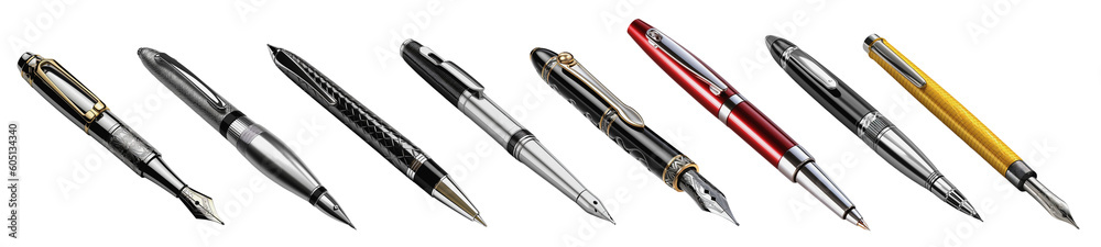 A collection of eight different types of pens on a transparent ...