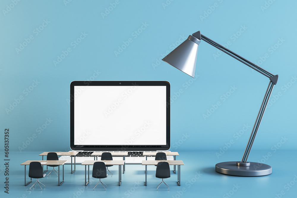 Modern classroom with empty white laptop chalkboard on blue background ...