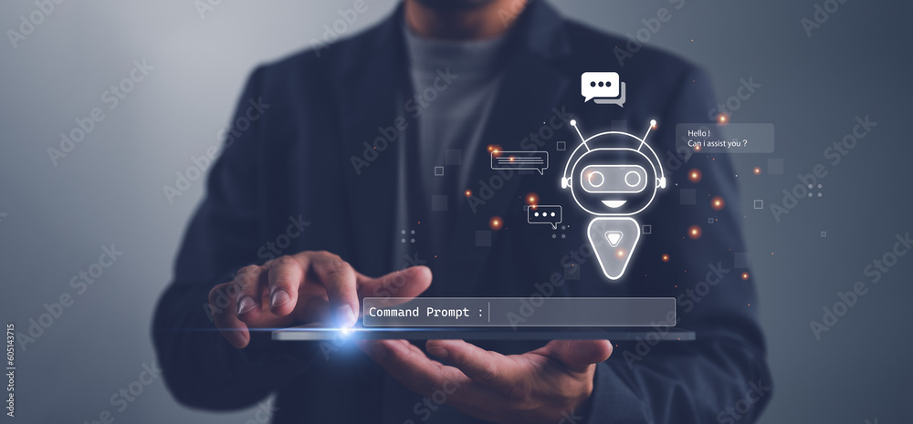 Ai tech, businessman show virtual graphic Global Internet connect Chat with AI, Artificial ...