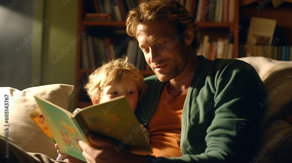 Young father with his son reading a book. Generative AI, Generative AI ...