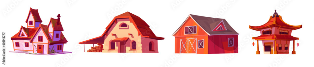 Set of old European and Asian buildings isolated on white background ...
