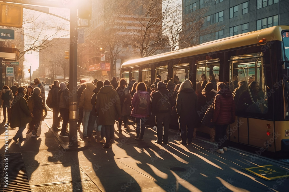 Crowd of people queuing to board the bus, bus stop in the city ...