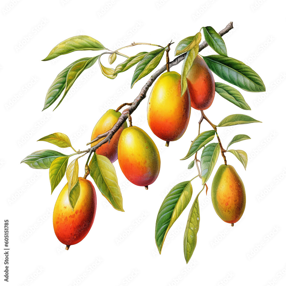 Botanical illustration, branch with mango in retro illustration style ...